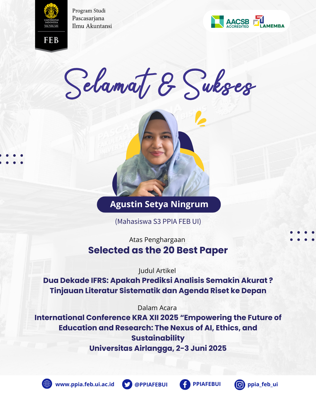 Mahasiswa S3 PPIA Agustin Setya N Meraih Penghargaan Selected as the 20 Best Paper dalam acara ...